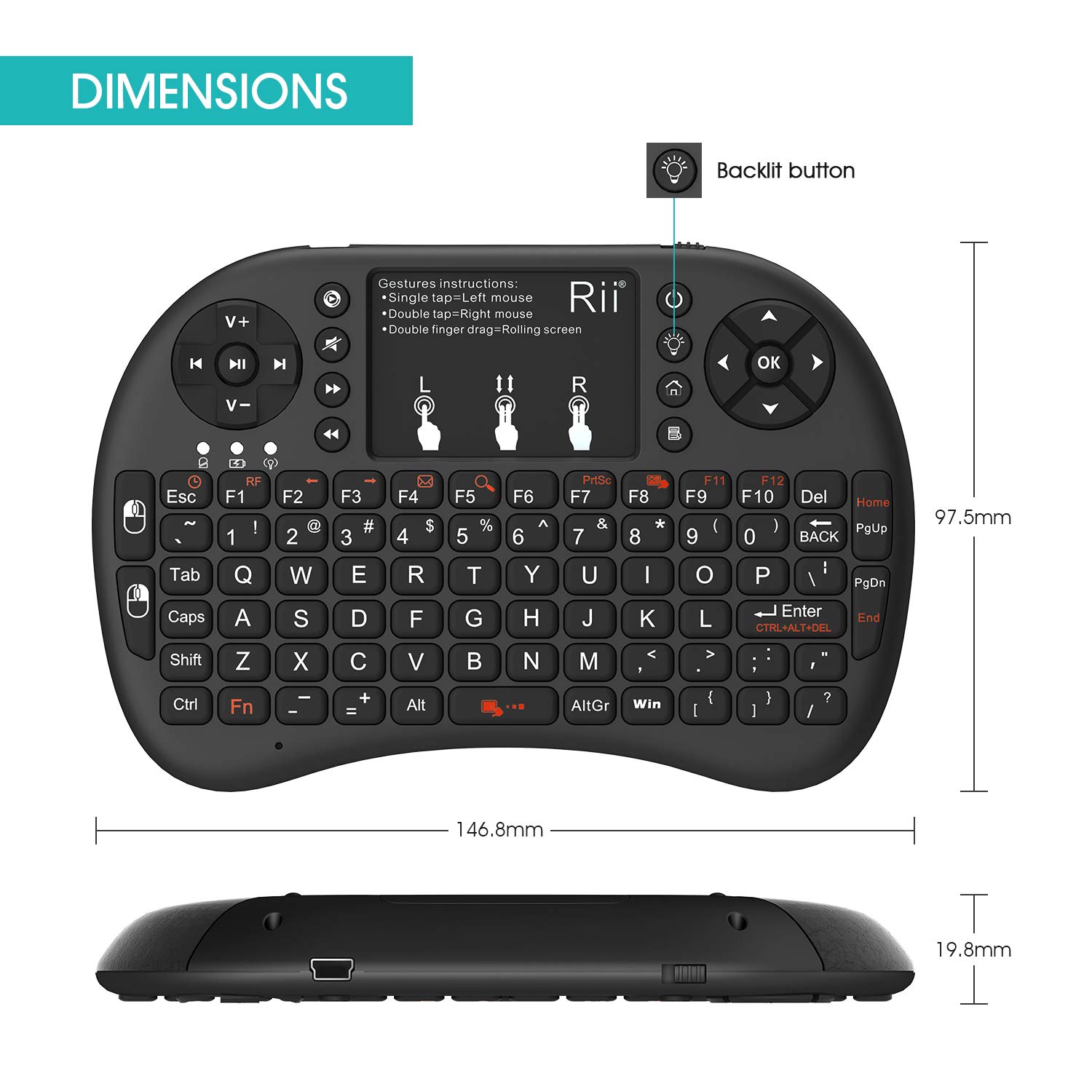 Mini Wireless Touch Keyboard, Handheld Remote, LED Backlit - InewTeck