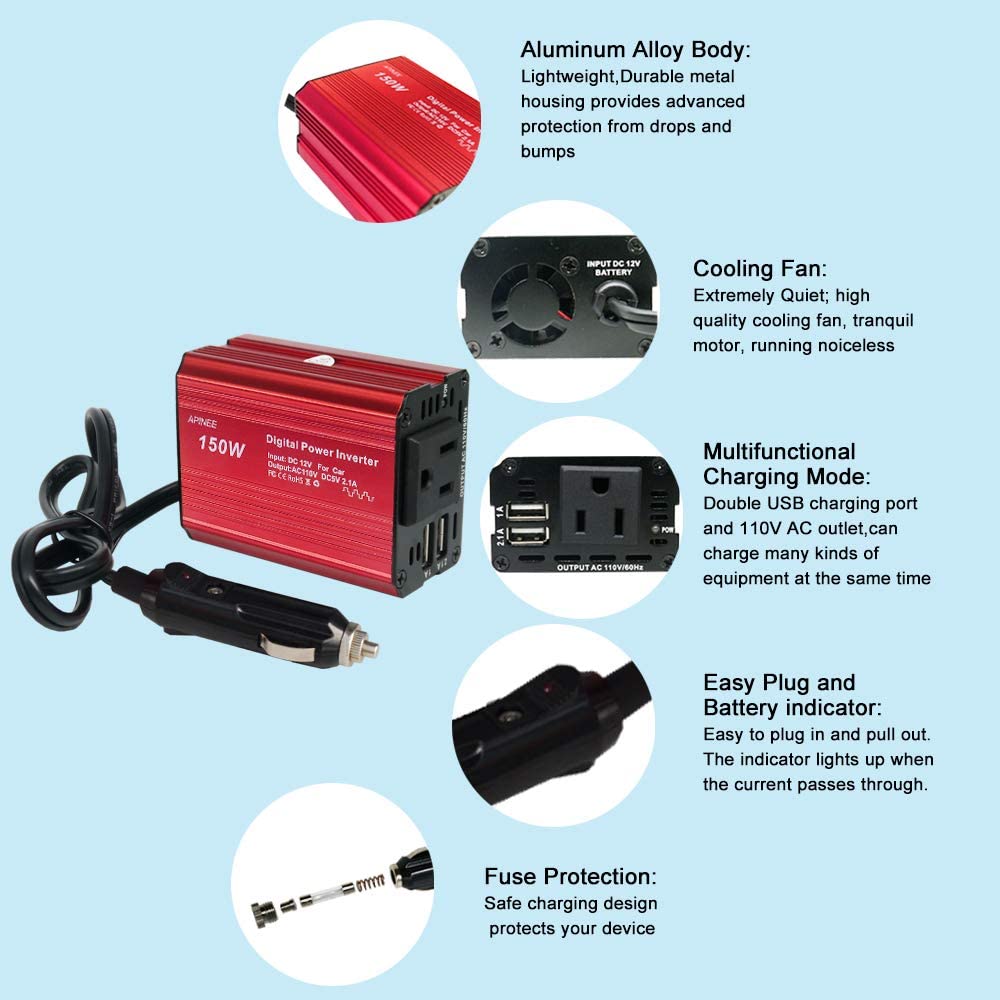 150W Car Power Inverter Car Plug Adapter DC 12V to 110V AC Converter ...