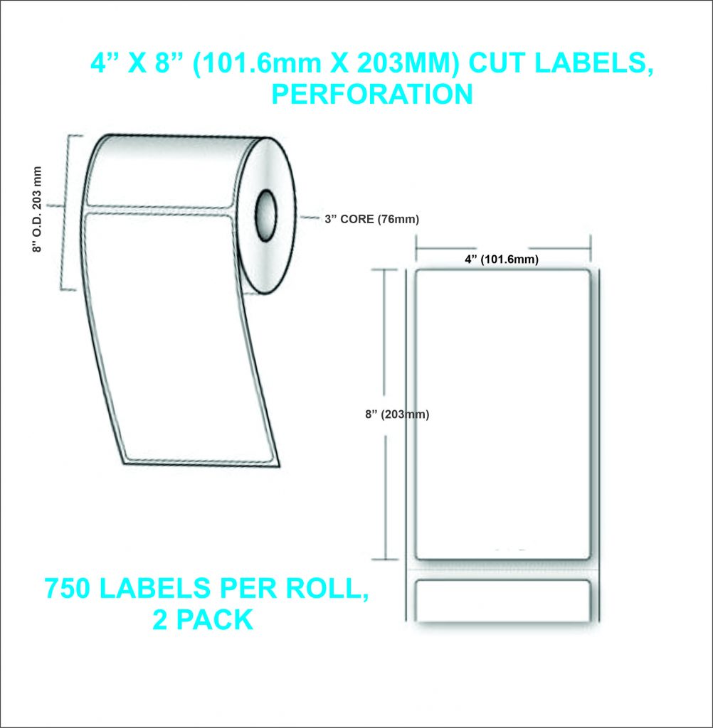 4 x 8’’ Industrial Direct thermal Labels 3’’ Core, 750 Labels per Roll ...
